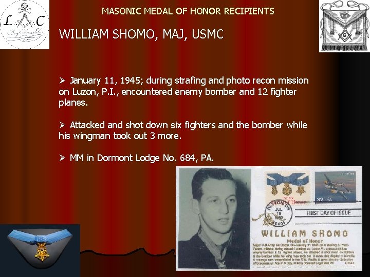 MASONIC MEDAL OF HONOR RECIPIENTS MASONIC MEDAL OF