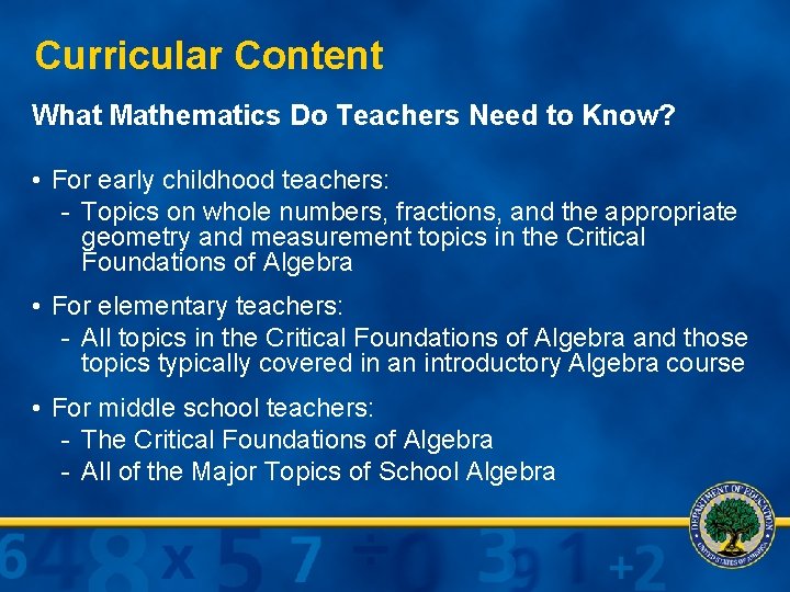 Foundations for Success National Mathematics Advisory Panel National