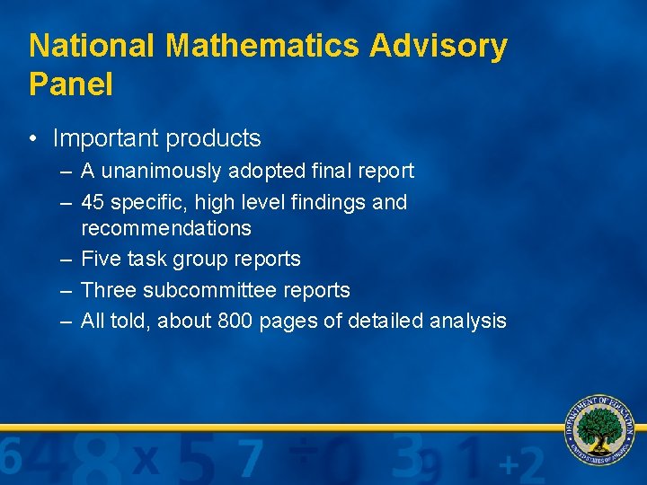 Foundations for Success National Mathematics Advisory Panel National