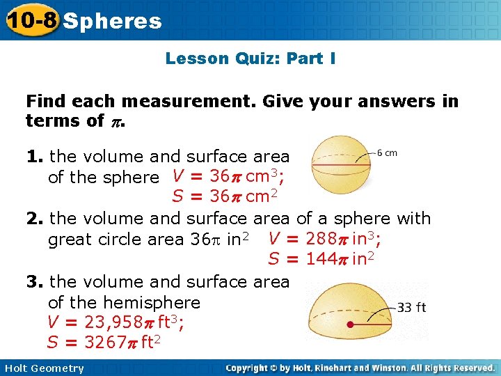10 8 Spheres Warm Up Find each measurement