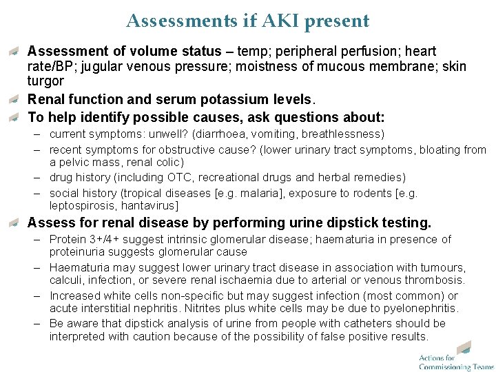 Actions for Commissioning Teams Acute Kidney Injury Prevention