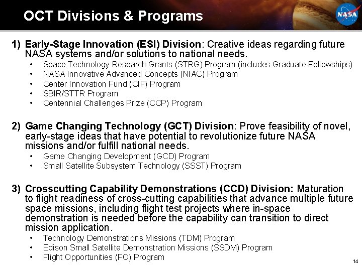 Office of the Chief Technologist Space Technology Programs