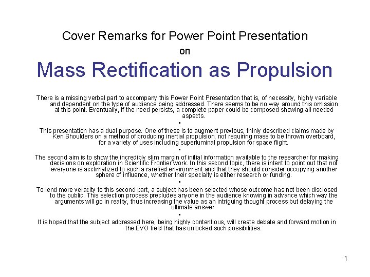Cover Remarks for Power Point Presentation on Mass