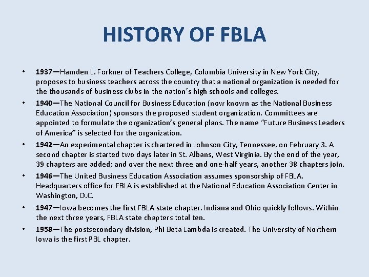 FBLA Future Business Leaders of America GOALS OF