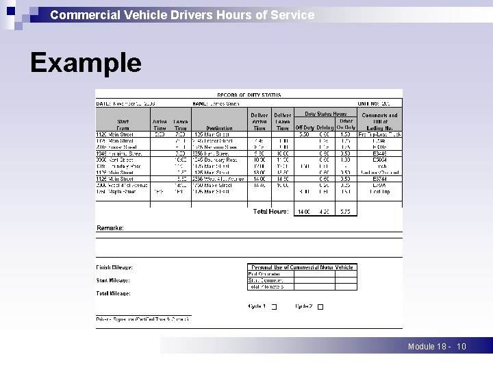 Commercial Vehicle Drivers Hours of Service Module 18