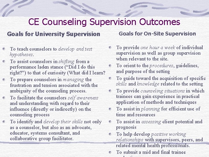 Counseling Supervision A brief overview of the models