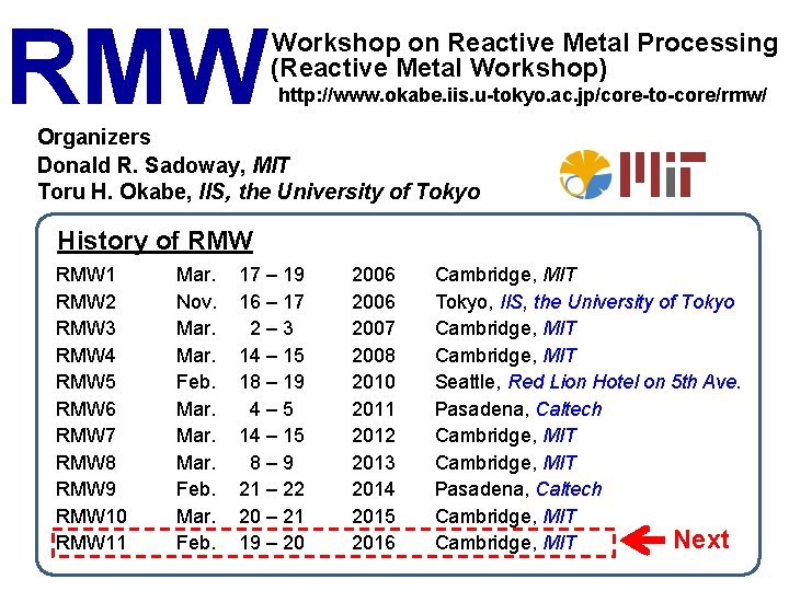 RMW Workshop on Reactive Metal Processing Reactive Metal