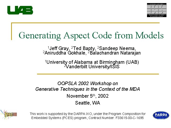 Generating Aspect Code from Models 1 Jeff Gray