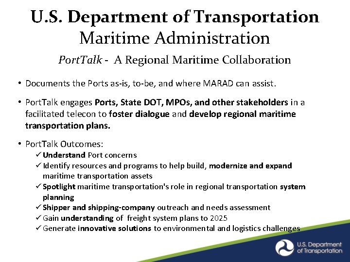 U S Department of Transportation Maritime Administration Overview