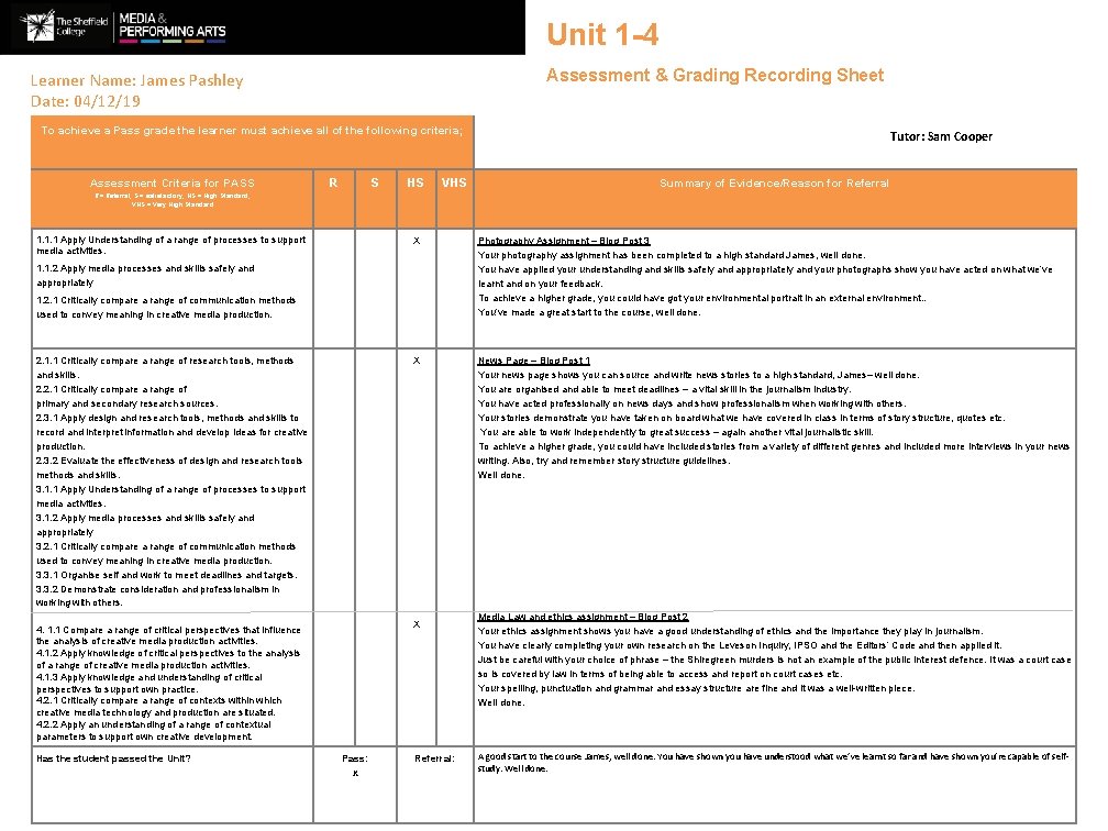 Unit 1 4 Assessment Grading Recording Sheet Learner