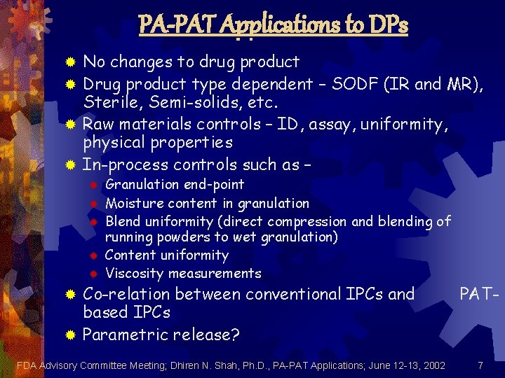 FDA PAT SubCommittee of Advisory Committee for Pharmaceutical