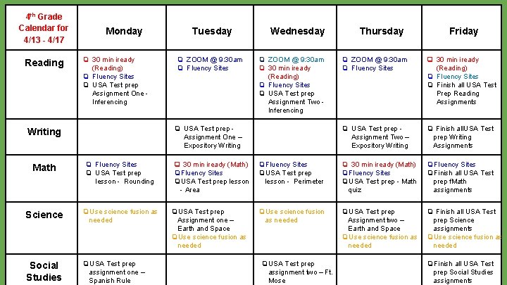 4 th Grade Calendar for 413 417 Reading