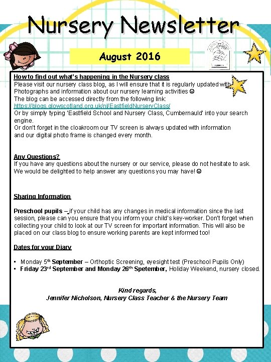 Nursery Newsletter Welcome Back and a Big Hello