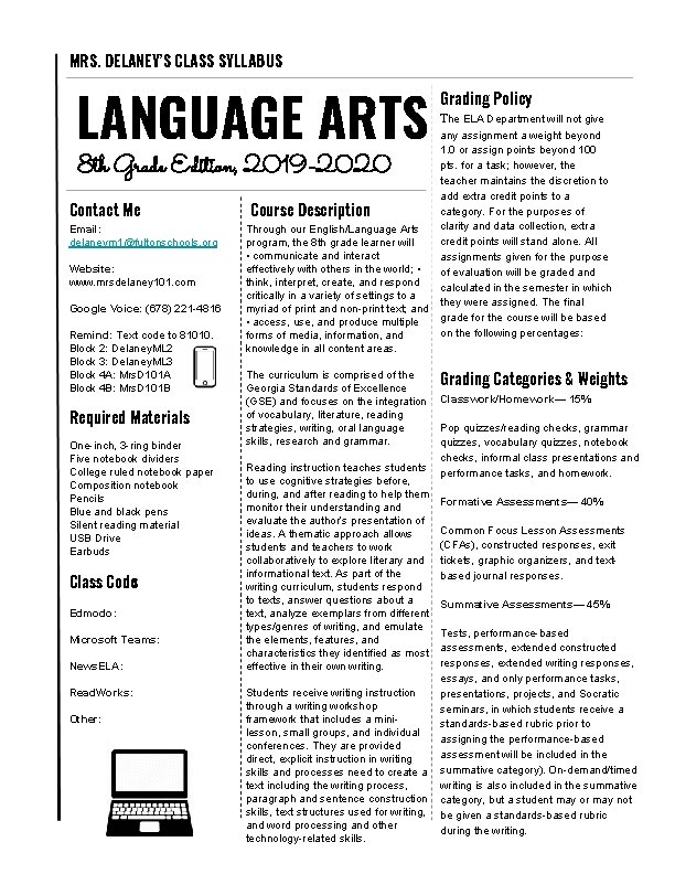 MRS DELANEYS CLASS SYLLABUS LANGUAGE ARTS 8 th