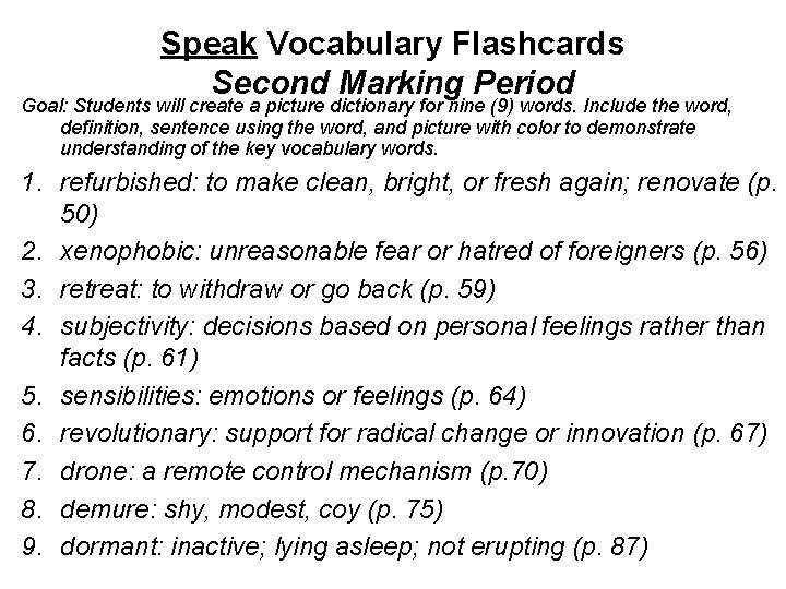 Speak Vocabulary Flashcards First Marking Period Goal Students