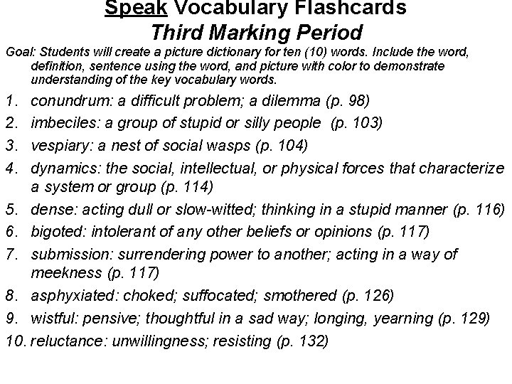 Speak Vocabulary Flashcards First Marking Period Goal Students