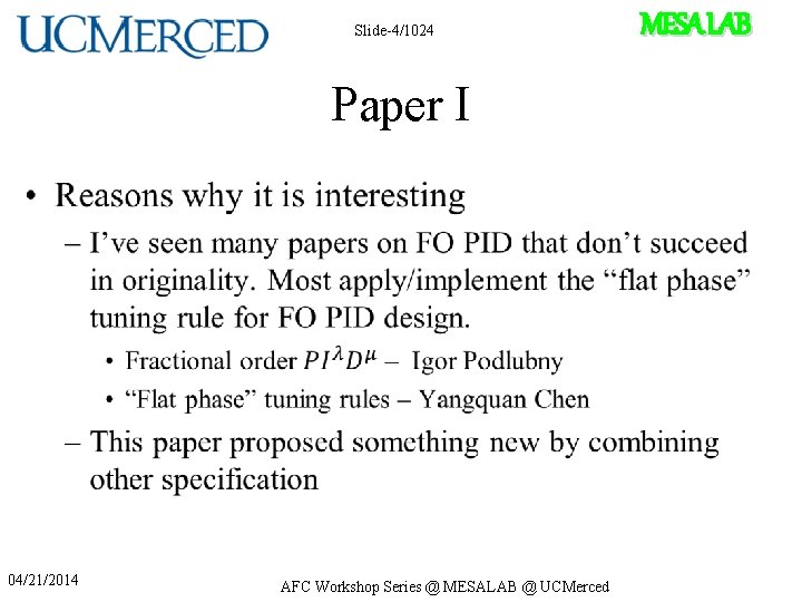 MESA LAB ICFDA 14 Paper Review On selected