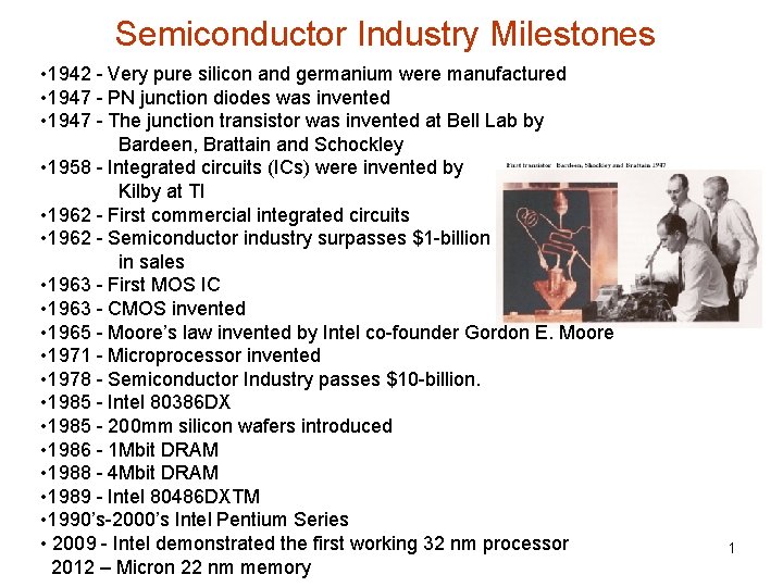 Semiconductor Industry Milestones 1942 Very pure silicon and