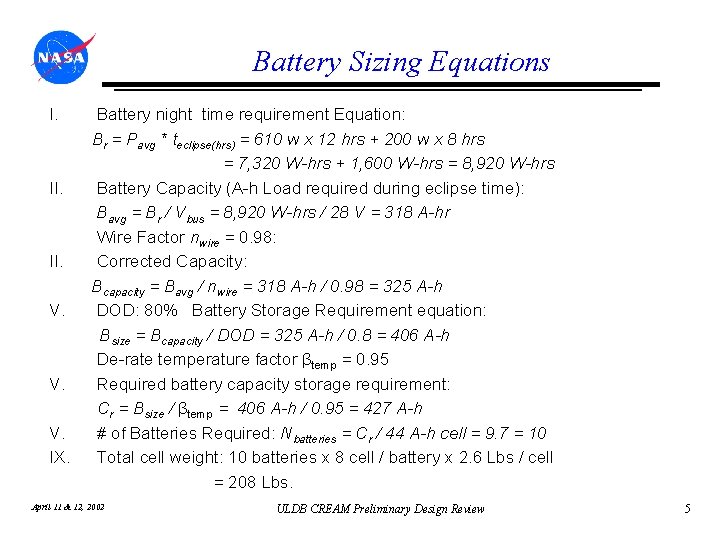 ULDB CREAM Preliminary Design Review Electrical Power System