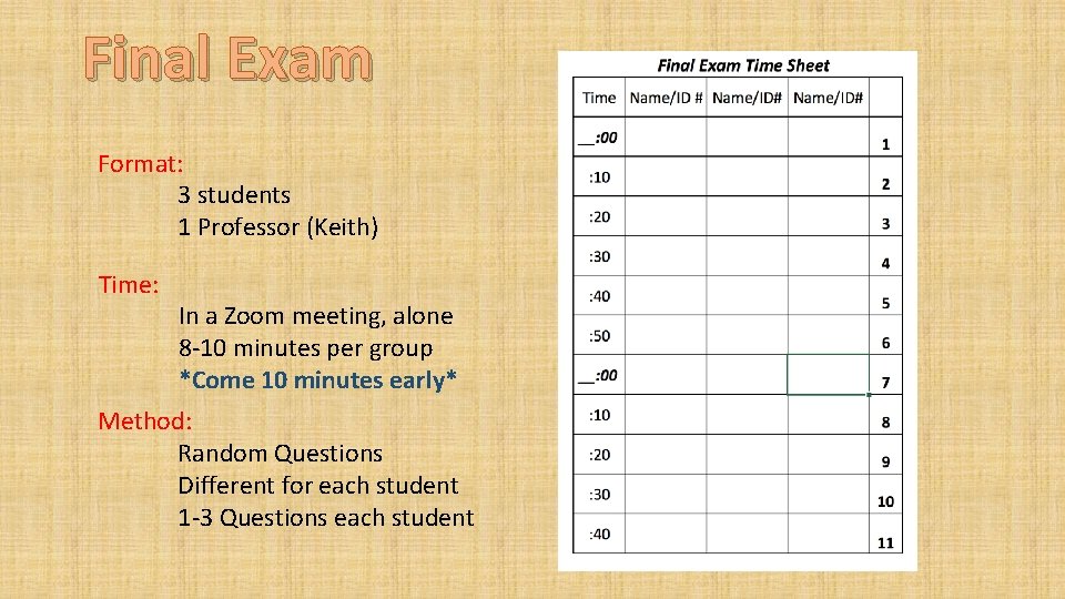 Final Exam Format 3 students 1 Professor Keith