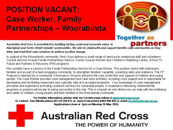 POSITION VACANT Case Worker Family Partnerships Woorabinda Australian