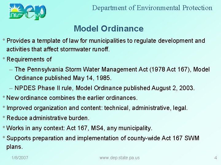 Department of Environmental Protection Model Ordinance Provides a