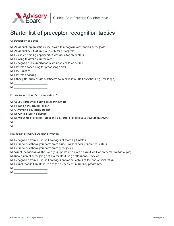 Starter list of preceptor recognition tactics Organisational perks