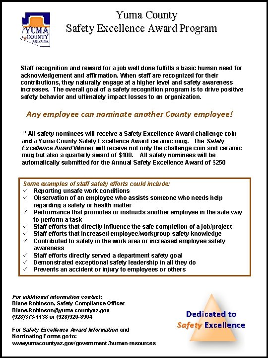 Yuma County Safety Excellence Award Program Staff recognition