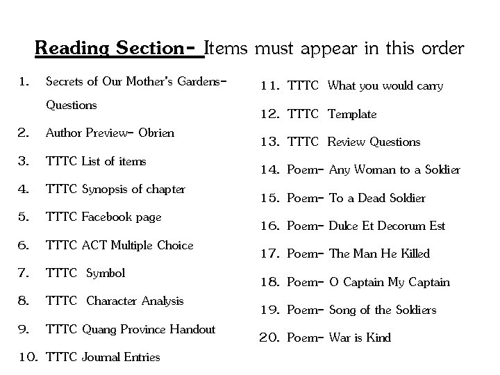 Reading Section Items must appear in this order