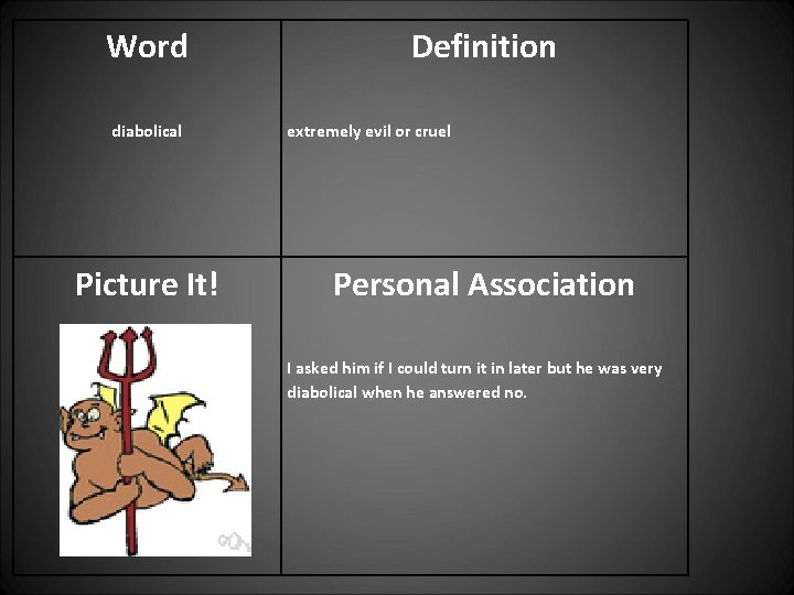 Word Definition Diabolical Excruciatingly bad or extremely evil