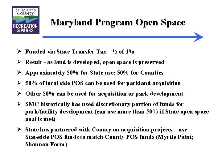 ST MARYS COUNTY RECREATION AND PARKS DEPARTMENTAL OVERVIEW