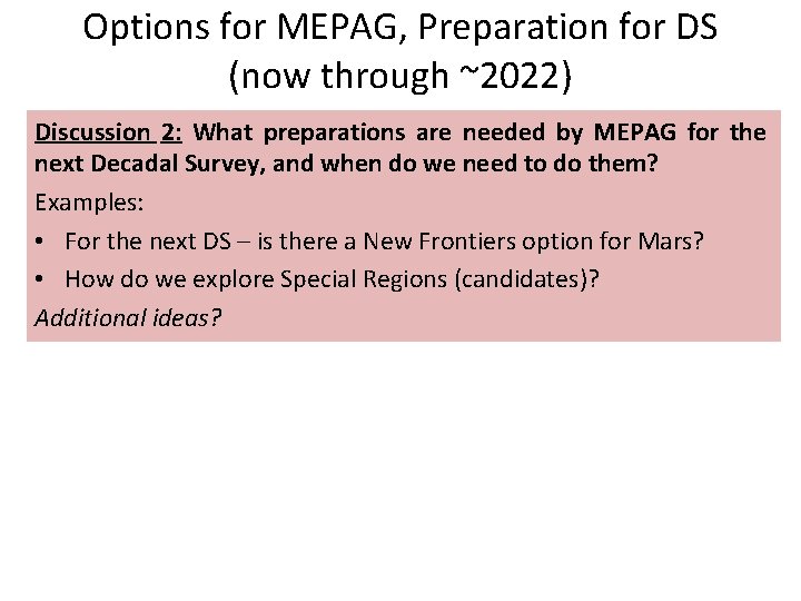 MEPAG Future Activities Discussion facilitated by the Mars