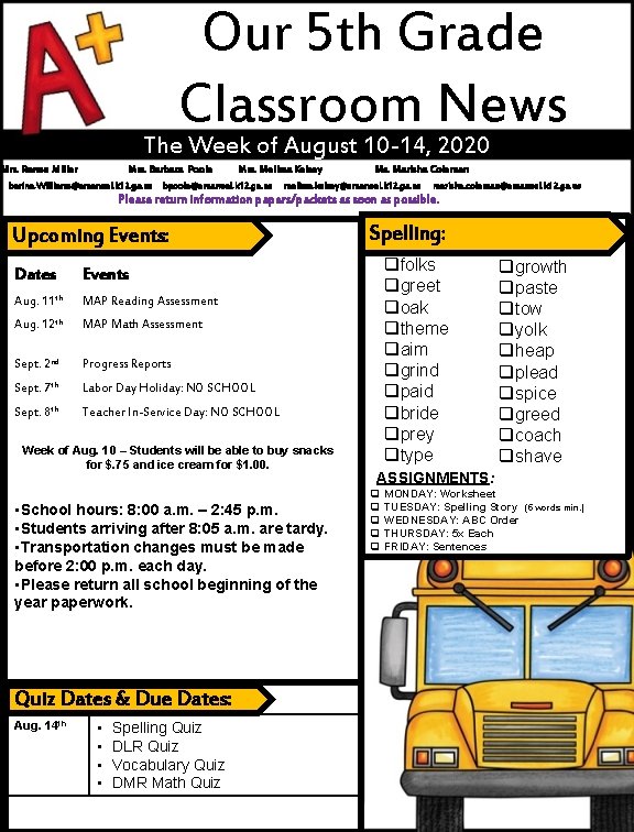 Our 5 th Grade Classroom News The Week