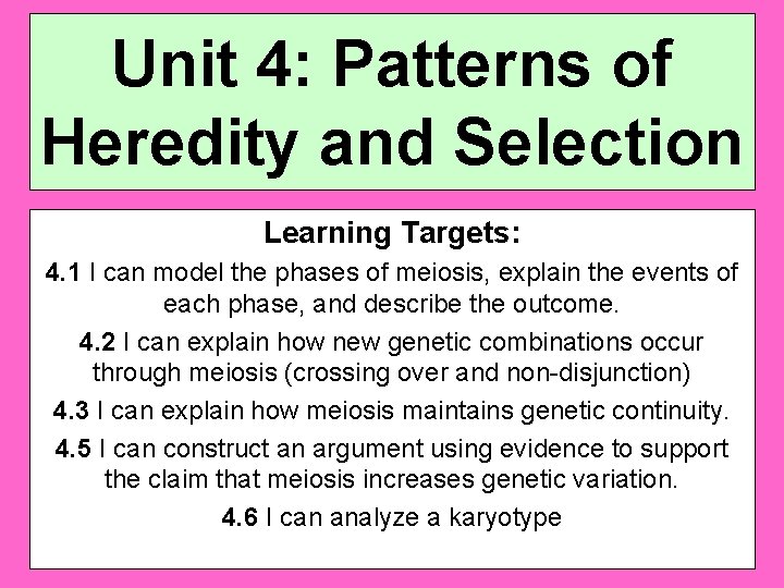 Unit 4 Patterns of Heredity and Selection Learning