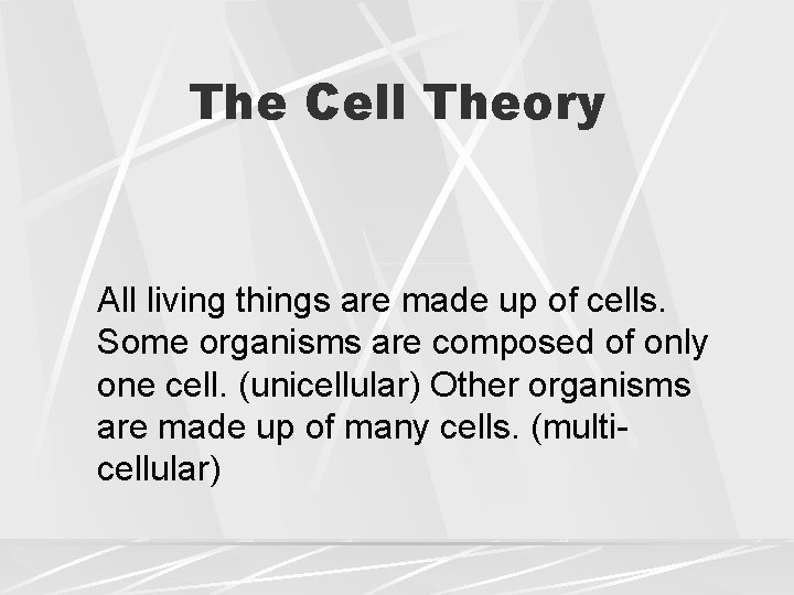 The Cell Theory All living things are made