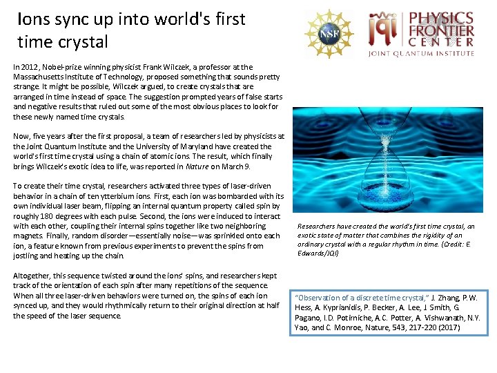 Ions sync up into worlds first time crystal