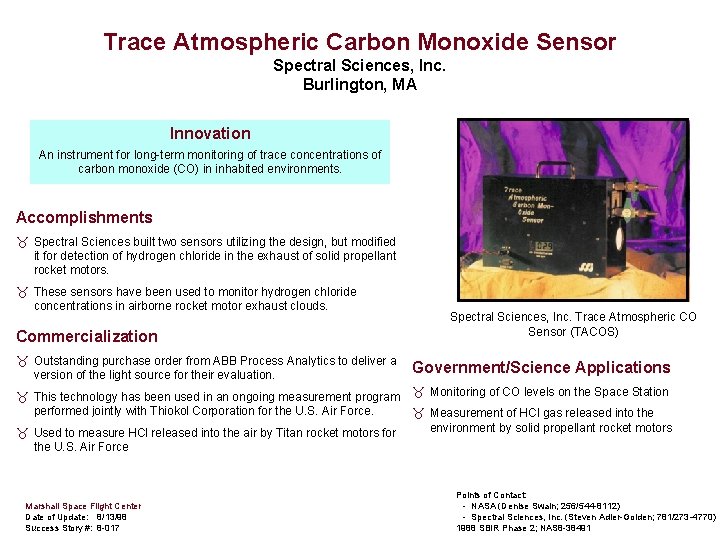 Trace Atmospheric Carbon Monoxide Sensor Spectral Sciences Inc