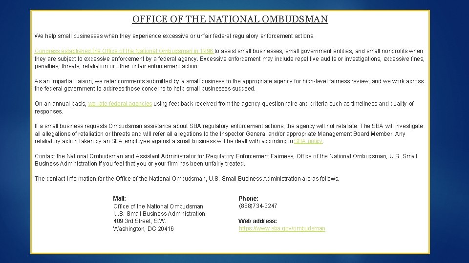 OFFICE OF THE NATIONAL OMBUDSMAN We help small