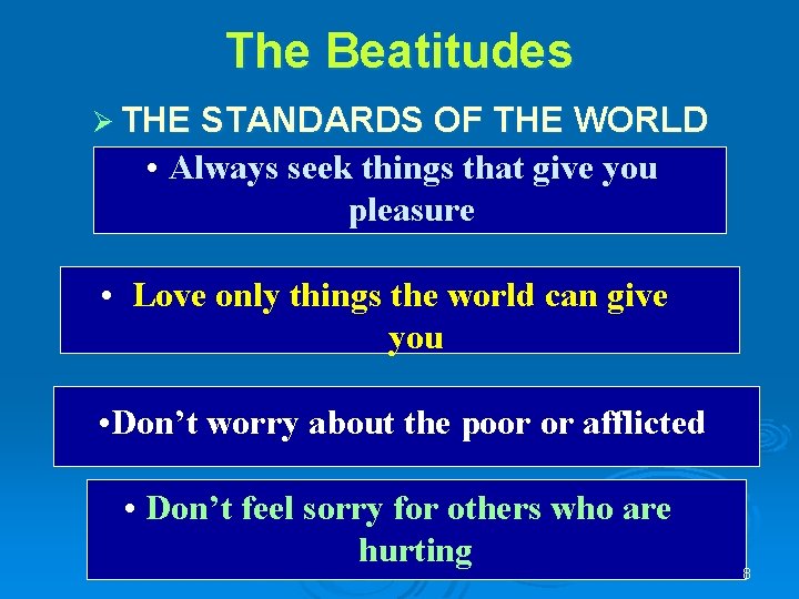 THE BEATITUDES Announce the blessings and rewards for