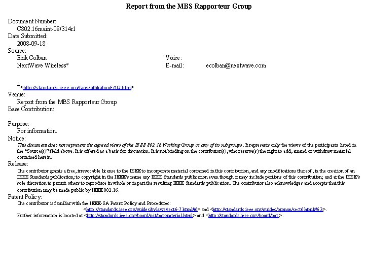 Report from the MBS Rapporteur Group Document Number