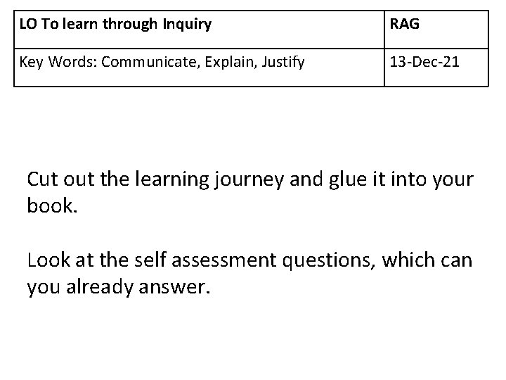 LO To learn through Inquiry RAG Key Words