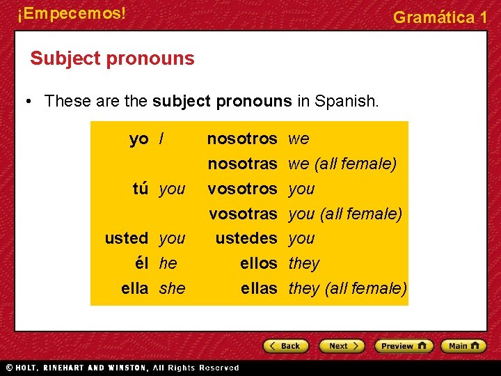 Empecemos Subject pronouns Preview Subject pronouns T and