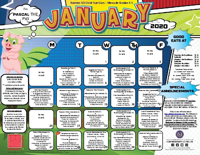 Humble ISD Child Nutrition Menu de Grados K5