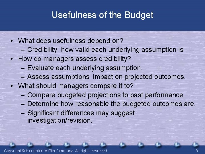 Chapter Eight Analyzing and Using Budgets Learning Objectives