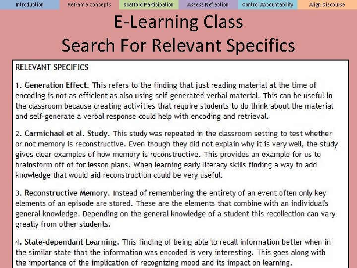 Introduction Reframe Concepts Scaffold Participation Assess Reflection ...