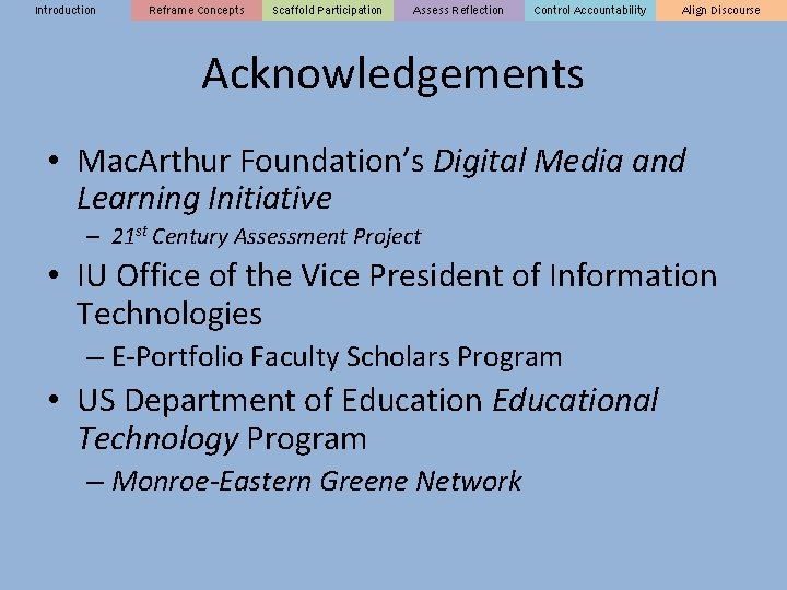 Introduction Reframe Concepts Scaffold Participation Assess Reflection ...