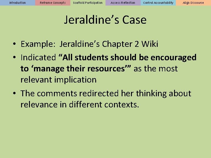 Introduction Reframe Concepts Scaffold Participation Assess Reflection ...