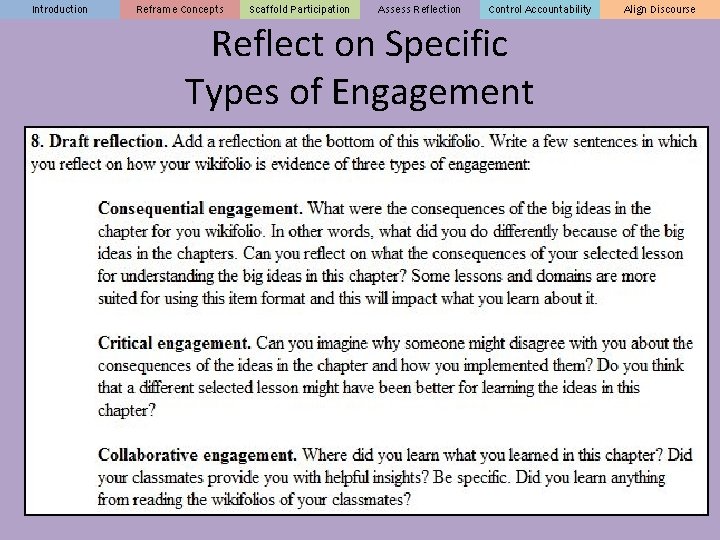 Introduction Reframe Concepts Scaffold Participation Assess Reflection ...