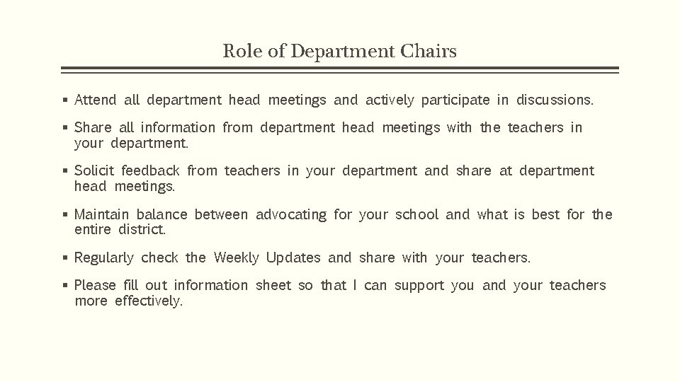 SECONDARY SOCIAL STUDIES DEPARTMENT CHAIR MEETING AUGUST 10