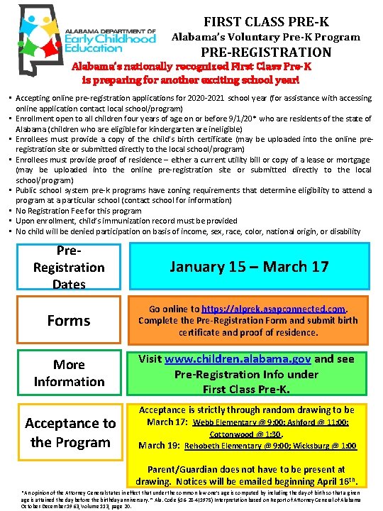 FIRST CLASS PREK Alabamas Voluntary PreK Program PREREGISTRATION